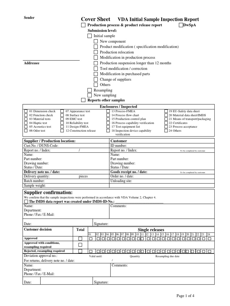 Cover Sheet: VDA Initial Sample Inspection Report | PDF | Verification And Validation ...