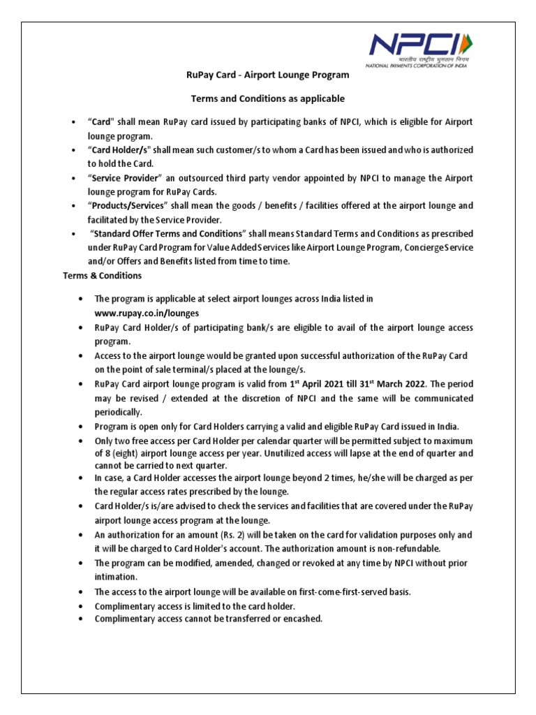 Rupay Card - Airport Lounge Program Terms and Conditions As Applicable ...
