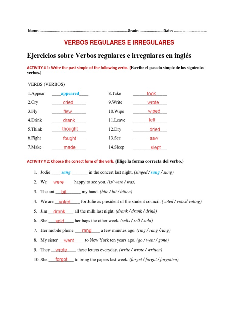 Actividades - Verbos Regulares e Irregulares | PDF