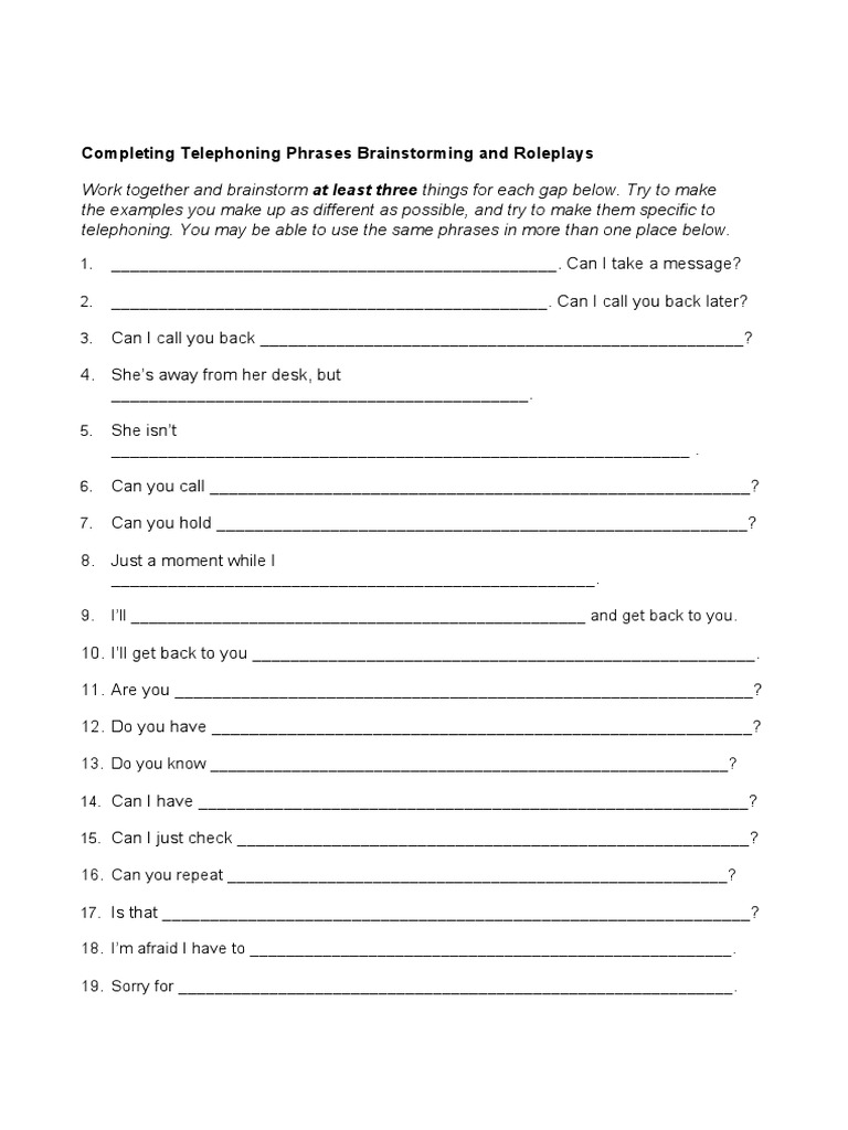 Completing Telephoning Phrases: A Guide to Brainstorming and ...