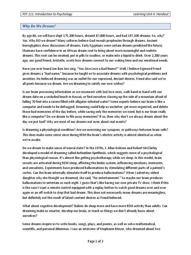 Why Do We Dream?: PSY 111: Introduction To Psychology Learning Unit 4 ...