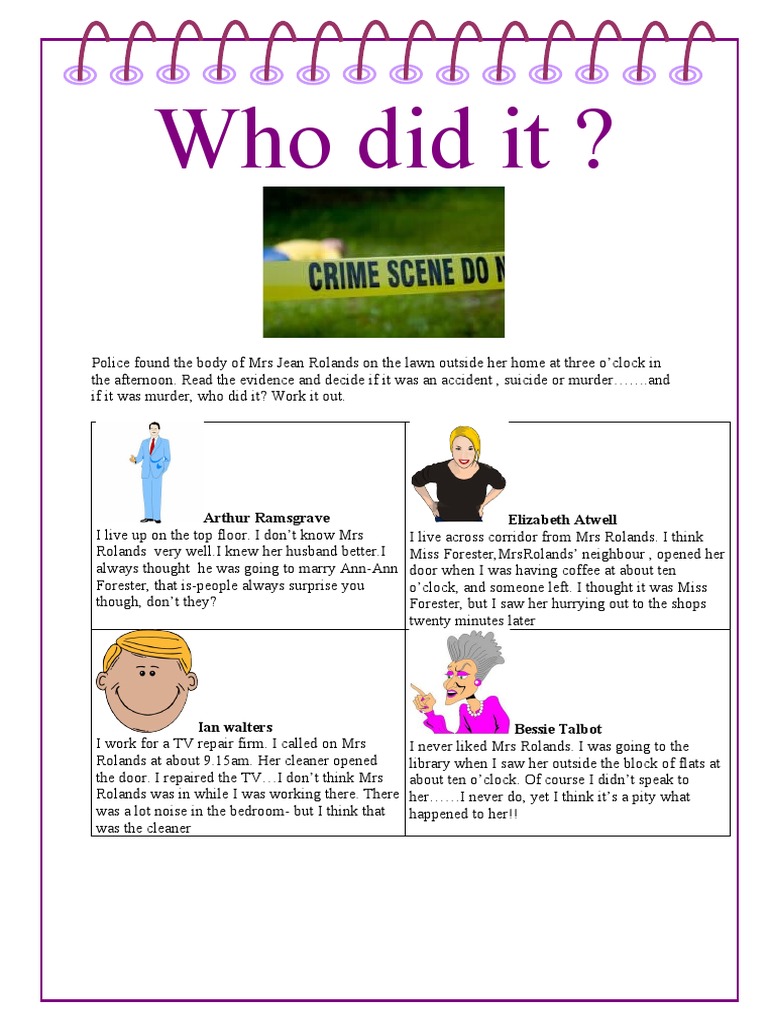Who Did It Murder Investigation Reading Reading Comprehension Exercises ...