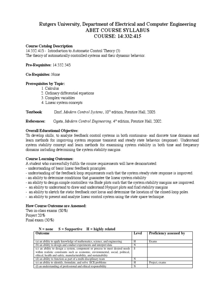 Ece415 Control Systems | PDF | Control Theory | Engineering