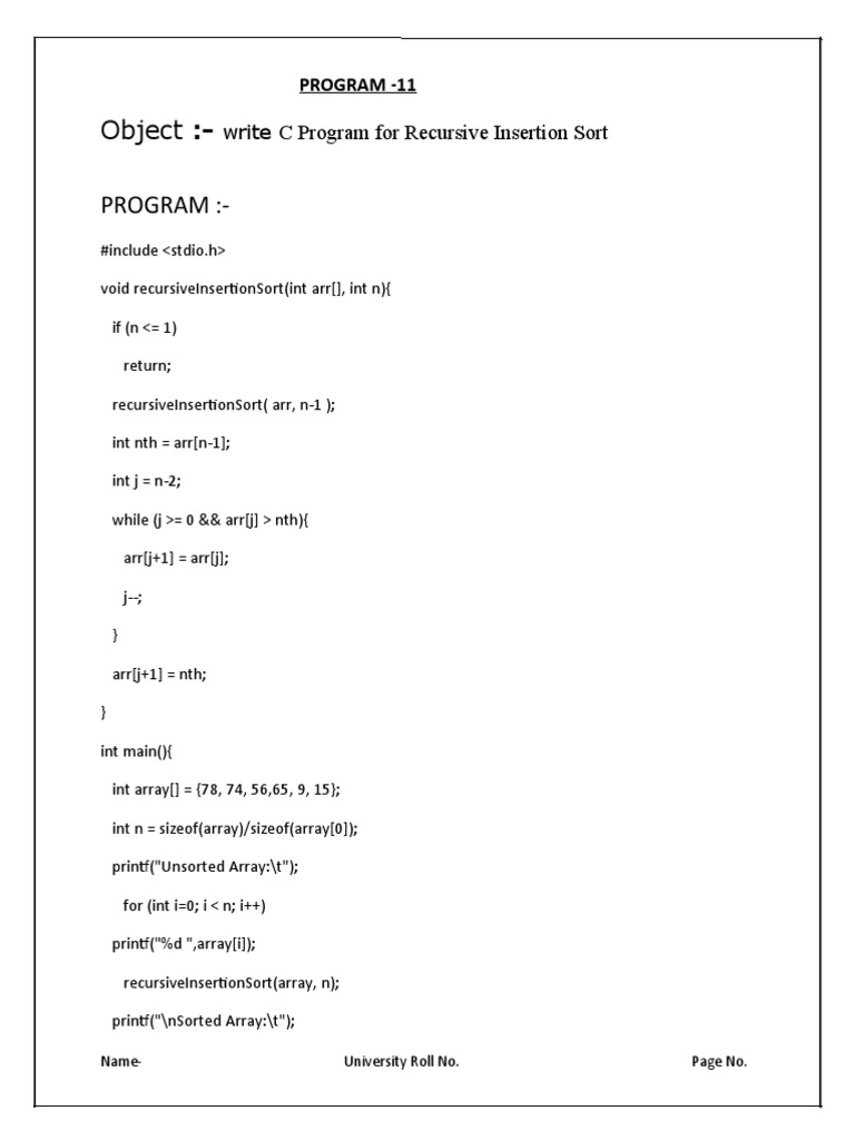 Object:-Program:-: C Program For Recursive Insertion Sort | PDF | Computing | Applied Mathematics
