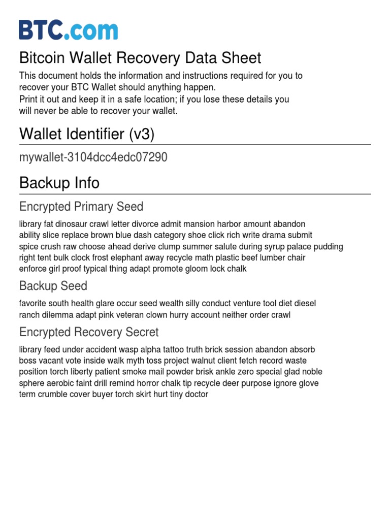 Bitcoin Wallet Recovery Backup Sheet - Mywallet-3104dcc4edc07290 | PDF ...