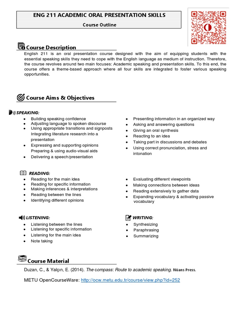 Eng 211 Academic Oral Presentation Skills: Course Outline | PDF ...
