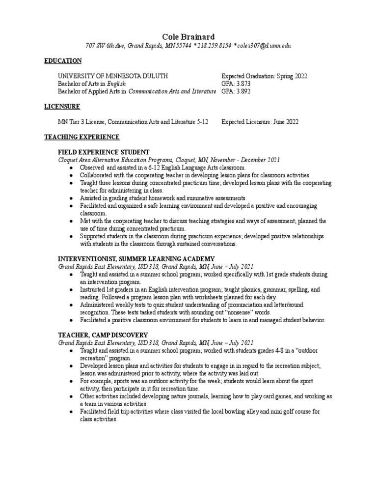 Brainard Cole Resume | PDF | Lesson Plan | Teachers
