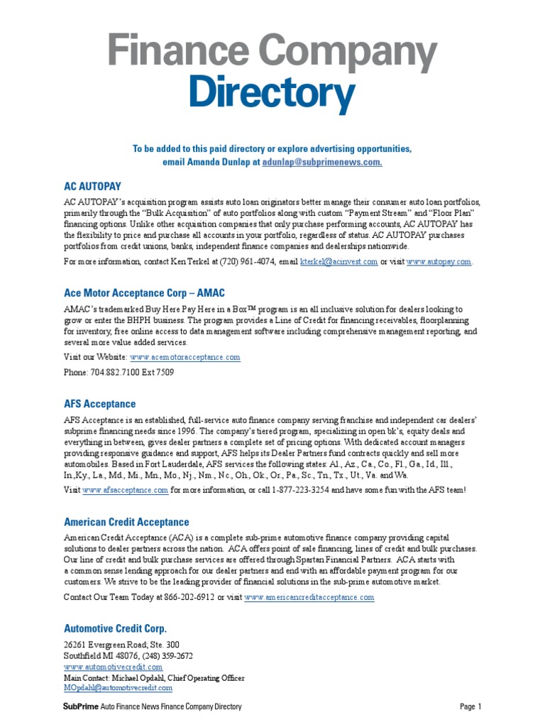Finance Company: Directory | PDF | Loans | Subprime Lending