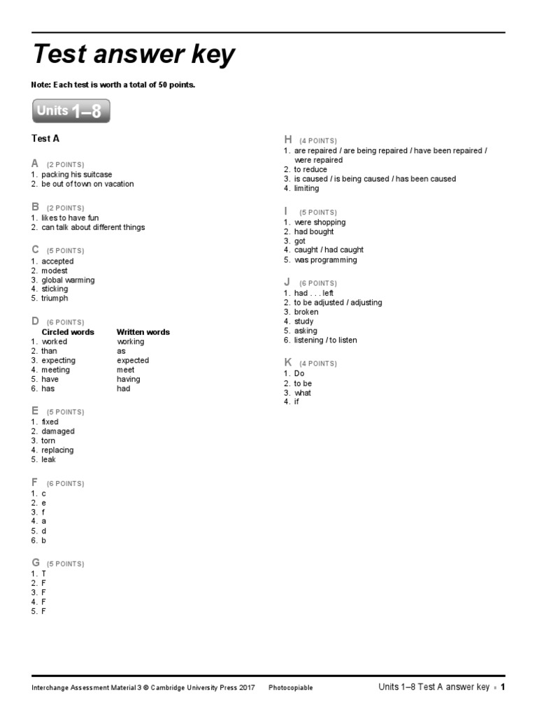 Test Answer Key: Units | PDF