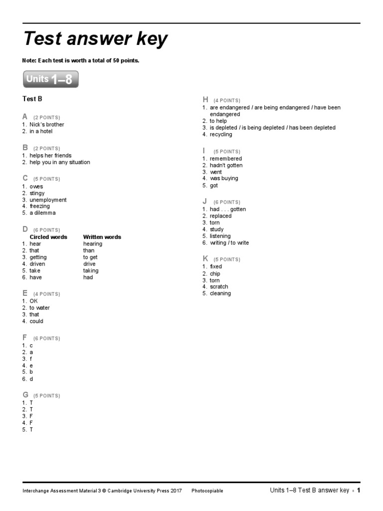 Test Answer Key: Units | PDF