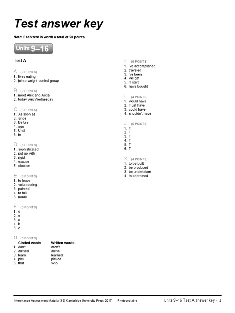 Test Answer Key Units PDF