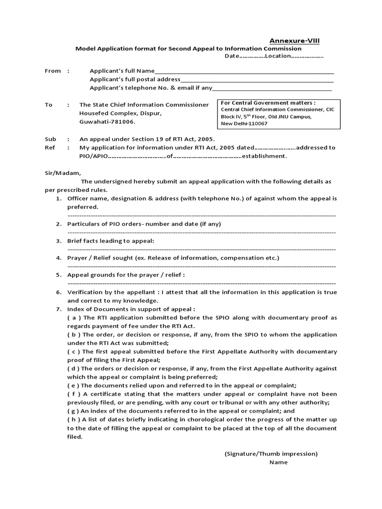 RTI Model Application For Second Appeal To Information Commission | PDF ...