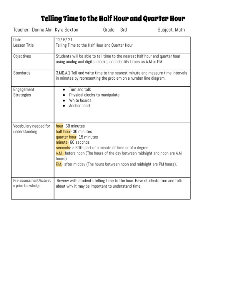 Telling Time Lesson Plan | PDF | Hour | Behavior Modification