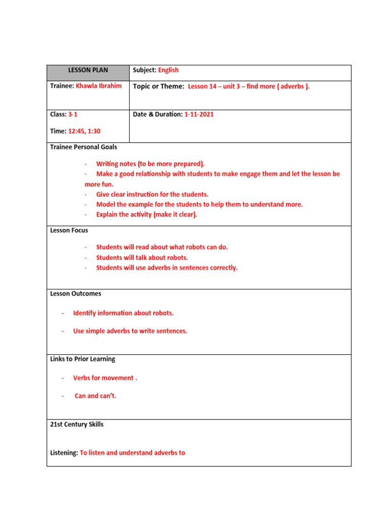 Topic or Theme:: Lesson Plan Subject: Trainee | PDF | Lesson Plan ...