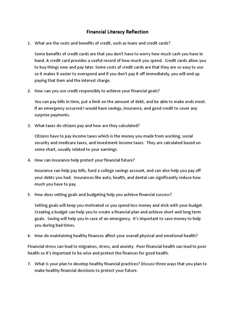 Lesson 14 - Financial Literacy Reflection | PDF | Career & Growth ...