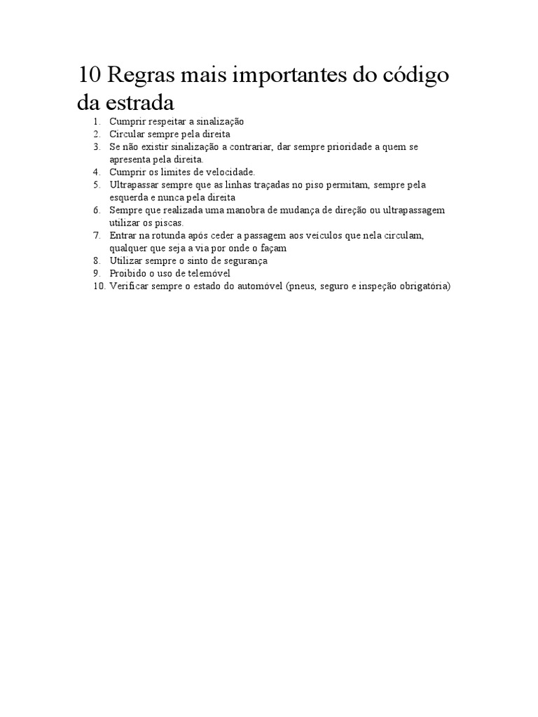 10 Regras Mais Importantes Do Código Da Estrada | PDF