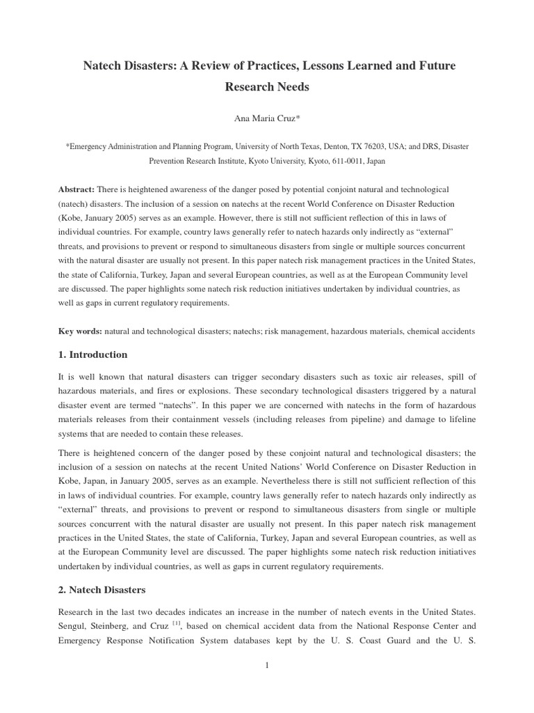 Natech Disasters A Review of Practices, Lessons Learned and Future ...