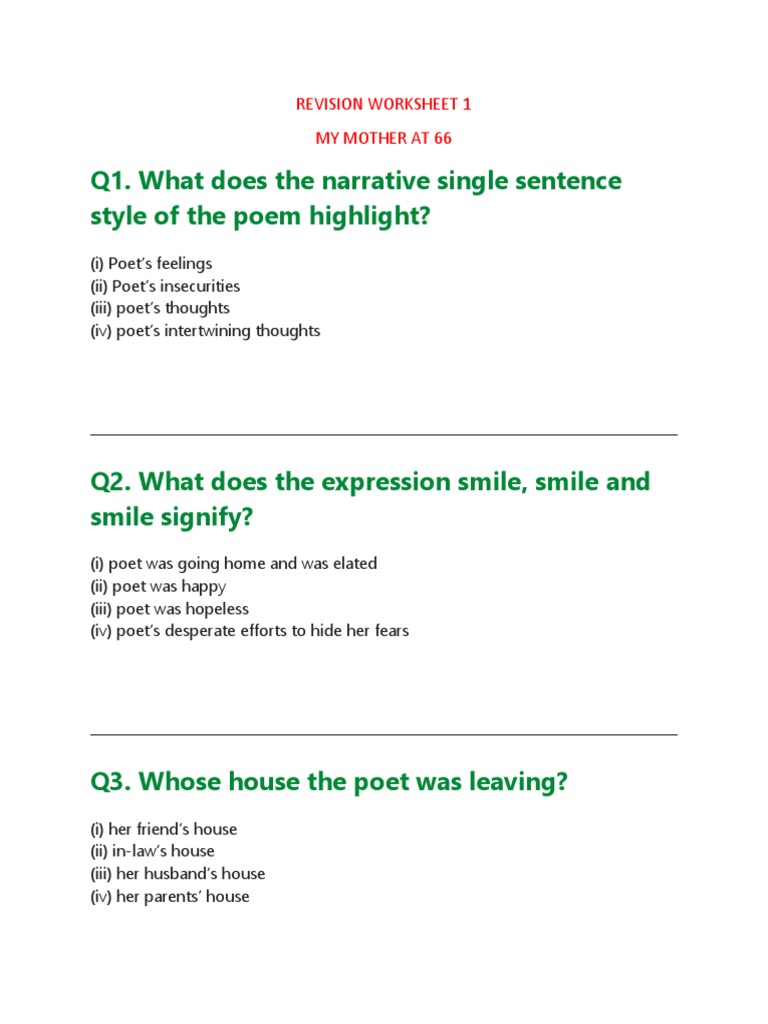 Revision Worksheet 1 My Mother at 66 | PDF | Poetry | Poetic Devices