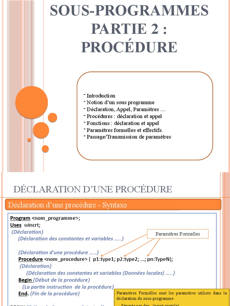 0013 Sous Programmes - Partie 2 Procédures | PDF | Paramètre ...