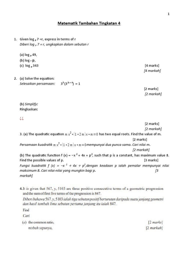 Soalan Akhir Tahun Matematik Tambahan Tingkatan 4 2020 | PDF