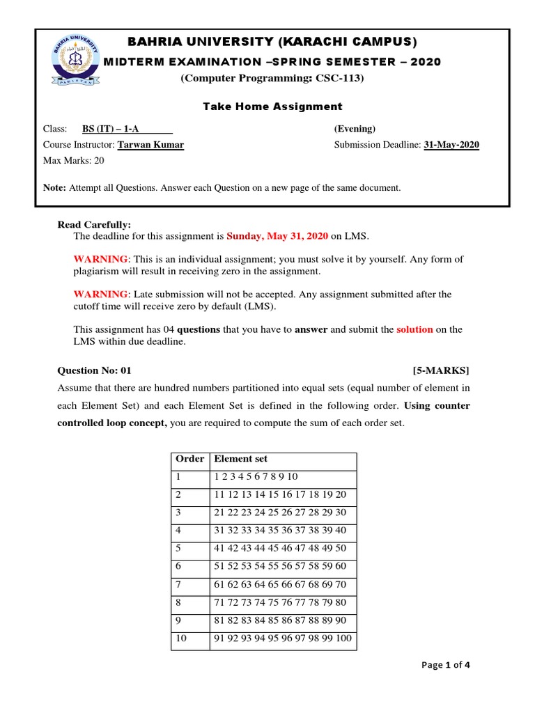 Bahria University (Karachi Campus) : Midterm Examination - Spring Semester - 2020 (Computer ...
