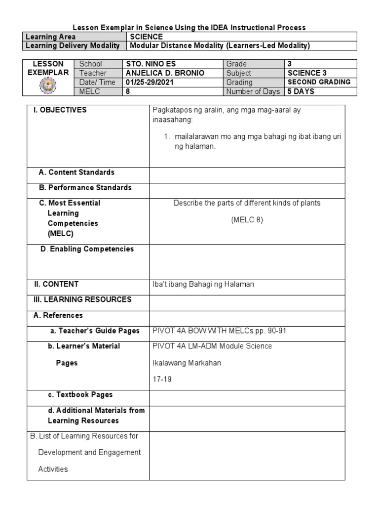 SCINCE 3 2 QUARTER Lesson Exemplar Iba't Ibang Bahagi NG Halaman | PDF