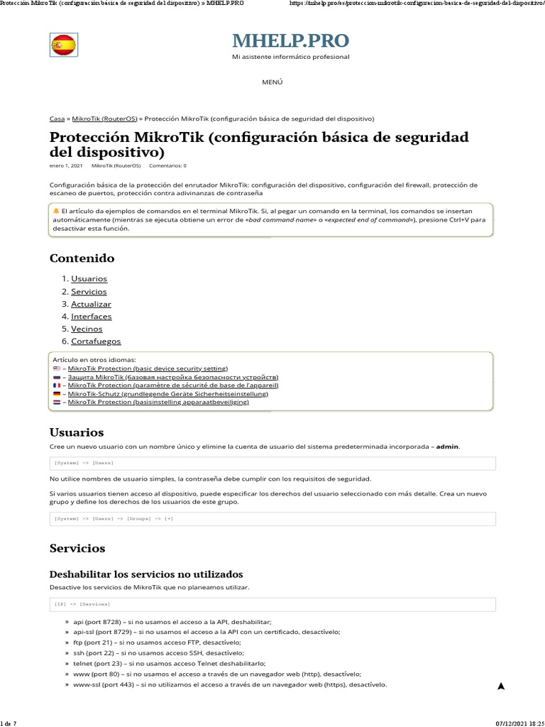 Protección MikroTik (Configuración Básica de Seguridad Del Dispositivo) MHELP - Pro | PDF ...