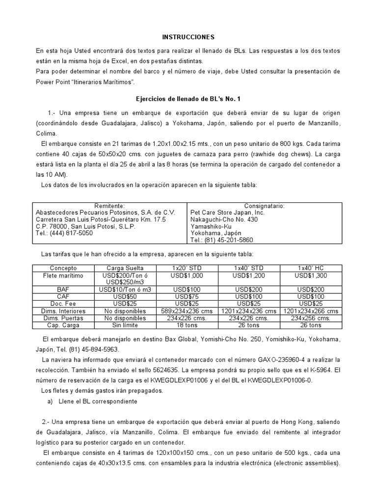 Ejemplos de Llenado de Conocimiento de Embarque | PDF | Envío | Comercio