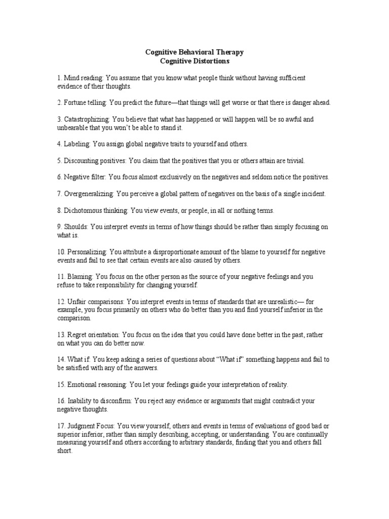 Cognitive Behavioral Therapy Cognitive Distortions | PDF