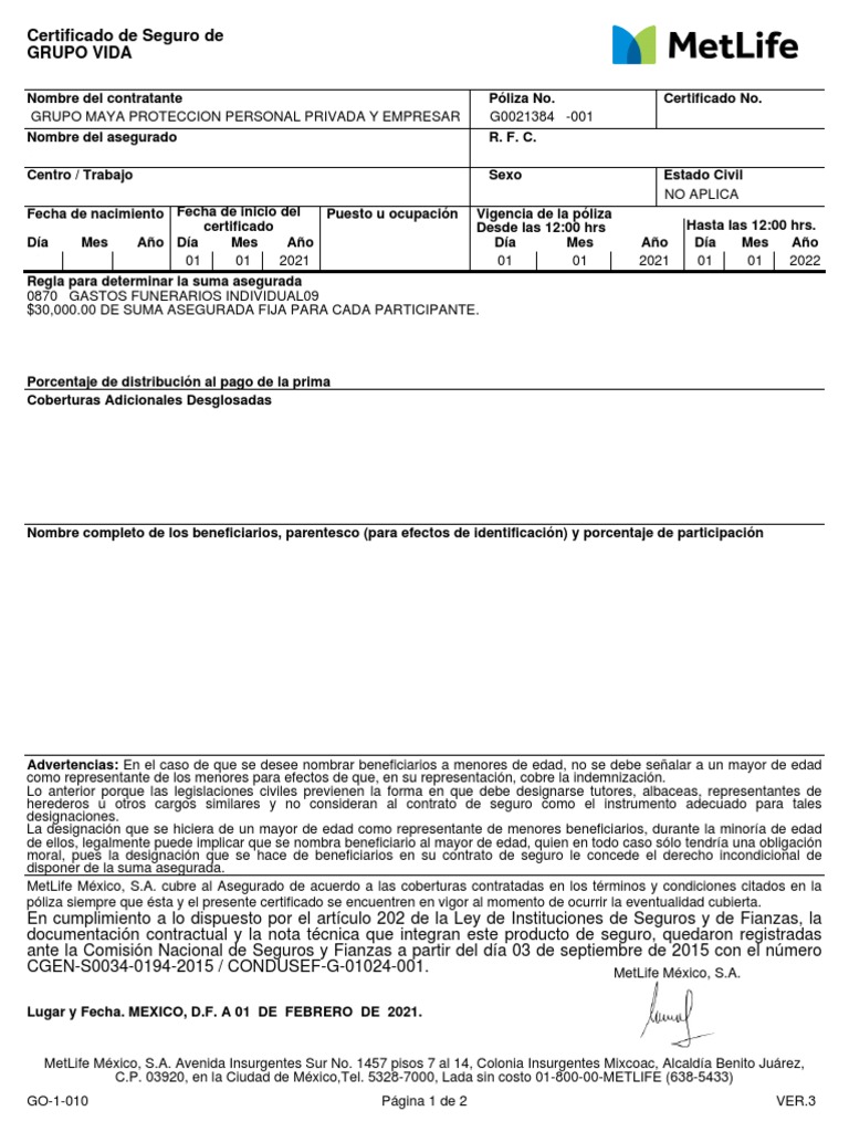 Certificado Metlife Gtos. Funerarios | PDF | Póliza de seguros | Seguro