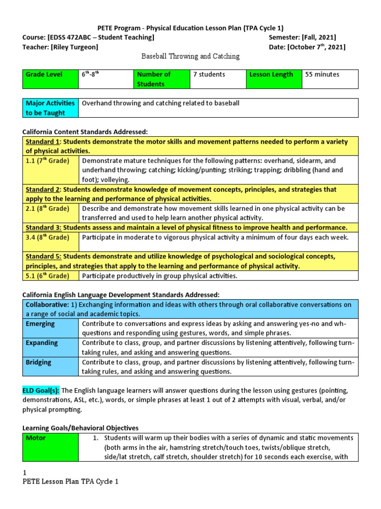 Tpa Cycle 1 Lesson Plan - Throwing and Catching | PDF | Teachers ...