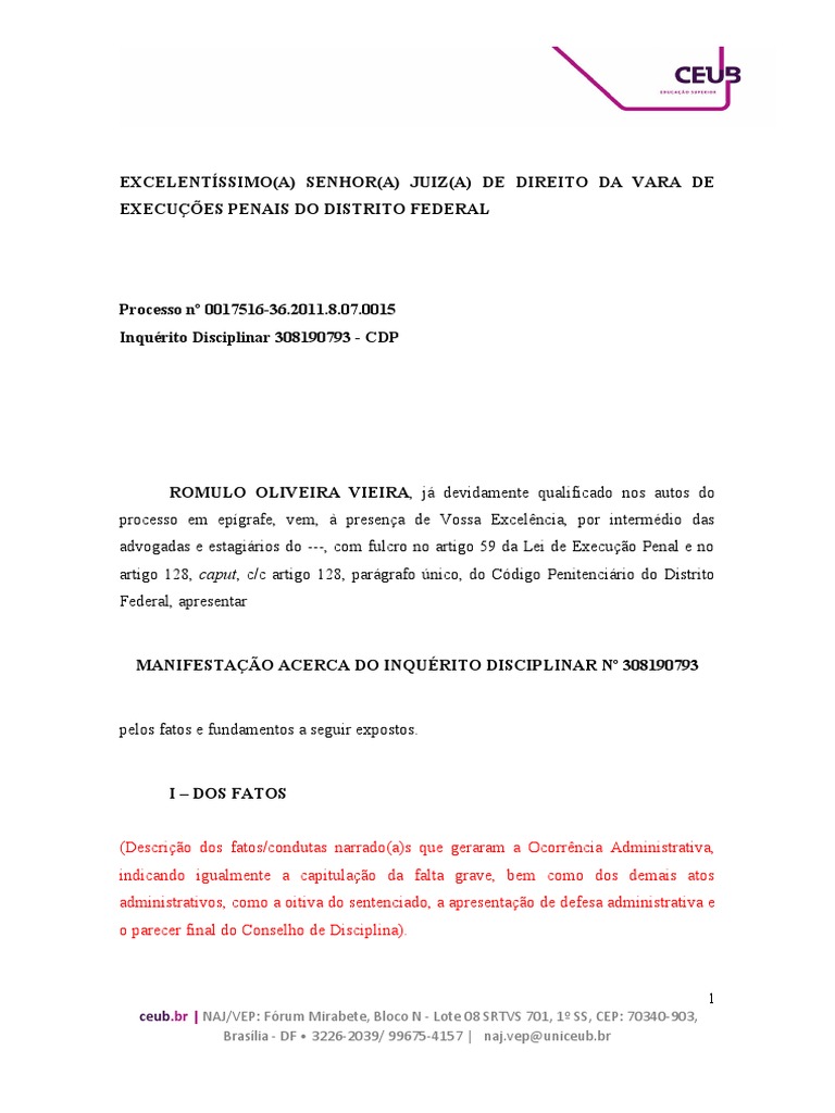 Modelo de Manifestação Ao Inquérito Disciplinar (Novo) | PDF ...