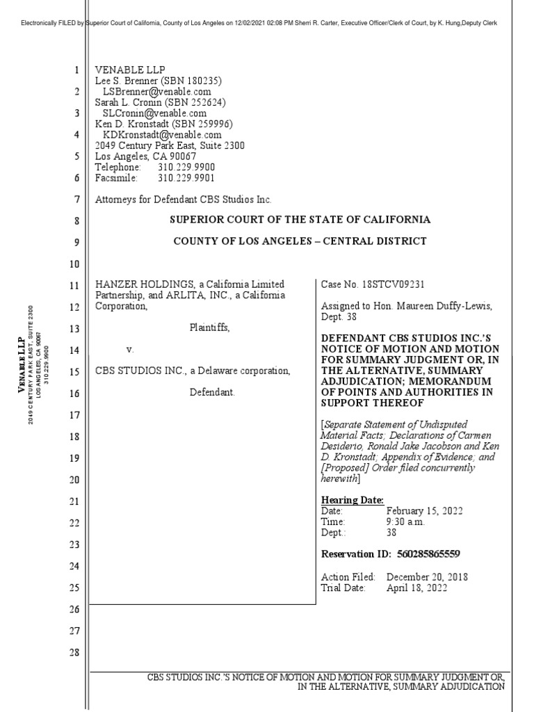 CBS MSJ | PDF | Summary Judgment | Lawsuit