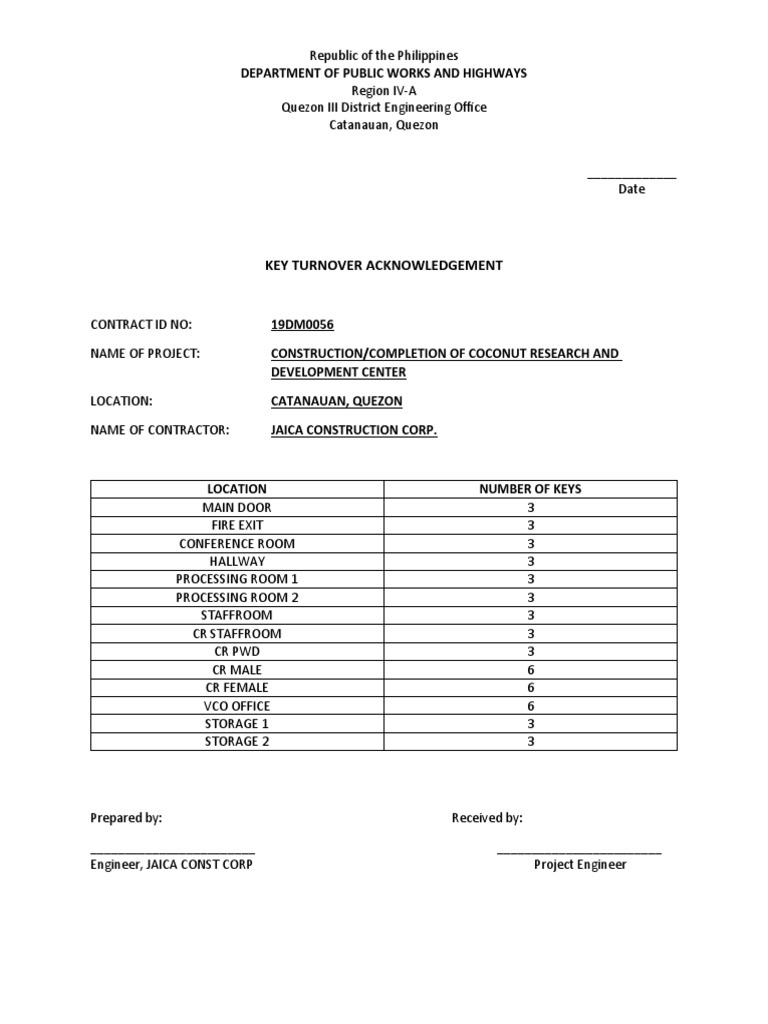 Key Turnover Acknowledgement: Department of Public Works and Highways | PDF