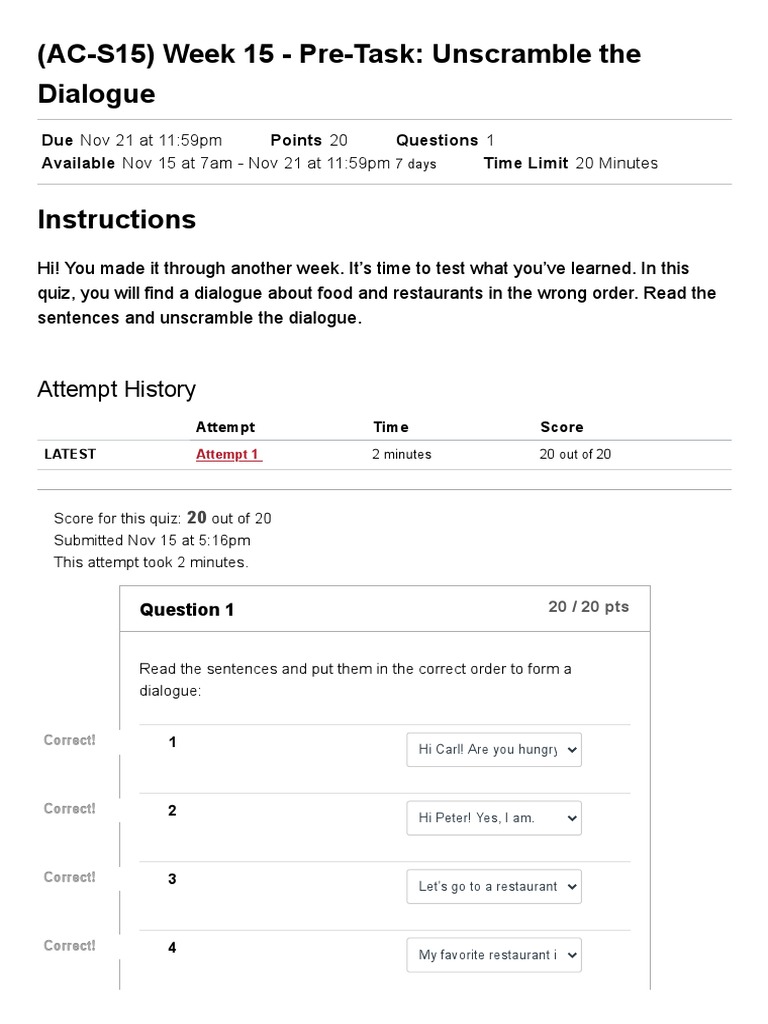 Week 15 Dialogue Unscramble Quiz | PDF | Foreign Language Studies