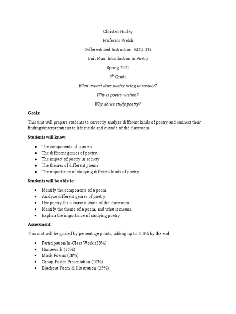 Poetry Unit Plan | Download Free PDF | Poetry | Reading Comprehension