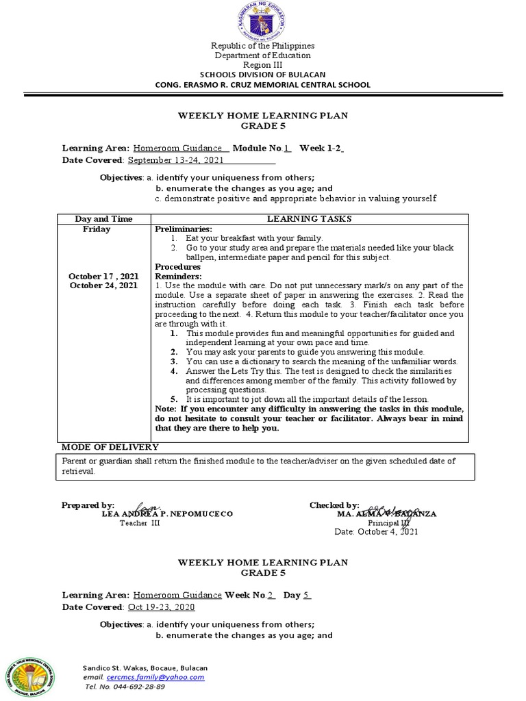 HG Weekly Home Learning Plan in | PDF | Learning | Teachers