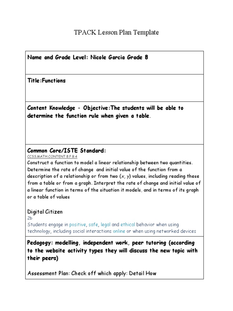 TPACK Lesson Plan for Functions | PDF | Educational Psychology | Applied Psychology
