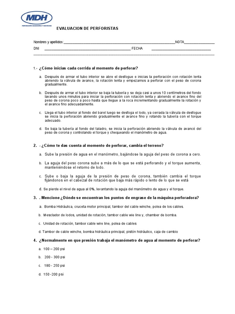 Evaluación de Perforistas en Perforación | PDF | Perforar | Ingeniería ...