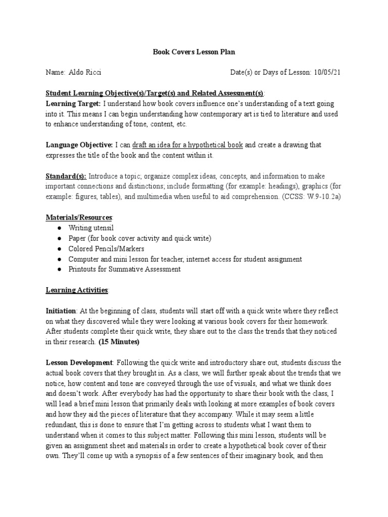 Book Covers Lesson Plan | PDF | Lesson Plan | Books