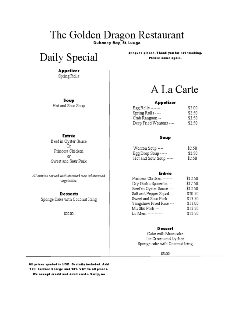 The Golden Dragon Restaurant Daily Special A La Carte: Appetizer | PDF ...