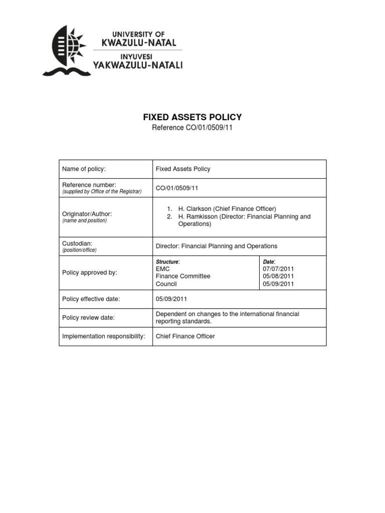 Fixed Assets Policy | PDF | Depreciation | Fixed Asset