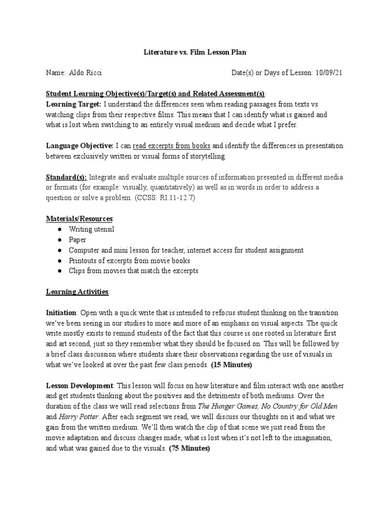 Literature Vs Film Lesson Plan | PDF | Lesson Plan | Differentiated ...
