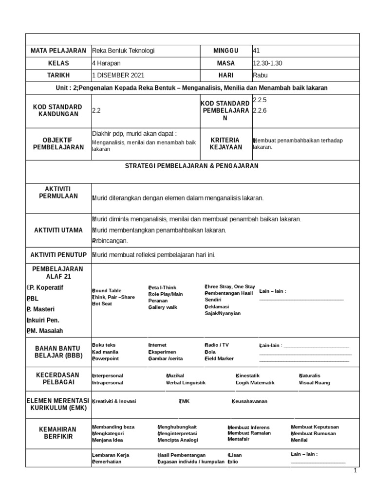 RPH RBT Tahun 4 Unit 2 Pengenalan Kepada Reka Bentuk 2.2.5 Menilai Dan ...