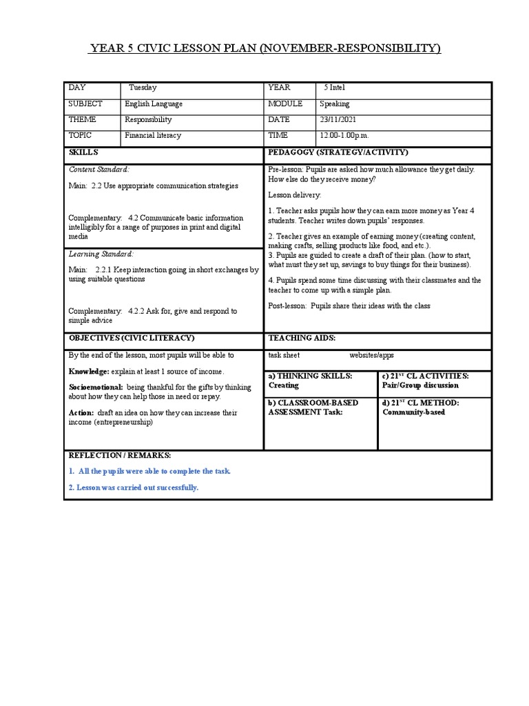 Year 5 Civic Lesson: Financial Literacy | PDF | Teachers | Education Theory