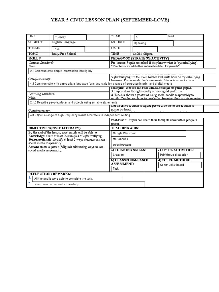 Year 5 Civic Lesson Plan (September-Love) : Content Standard | PDF ...