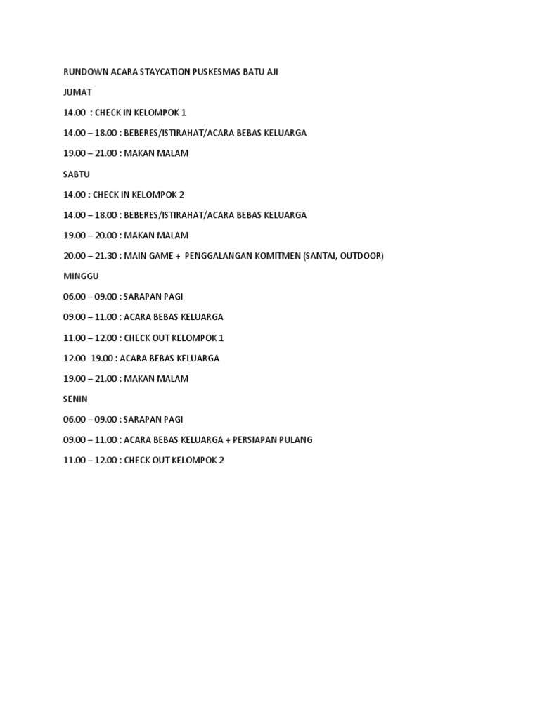 Rundown Staycation Puskesmas Batu Aji | PDF