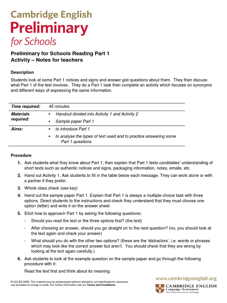 Cambridge English Preliminary For Schools Pet For Schools Reading Part ...