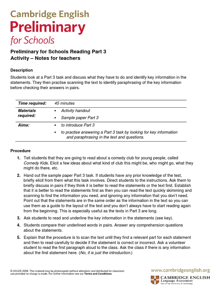 Cambridge English Preliminary For Schools Pet For Schools Reading Part ...