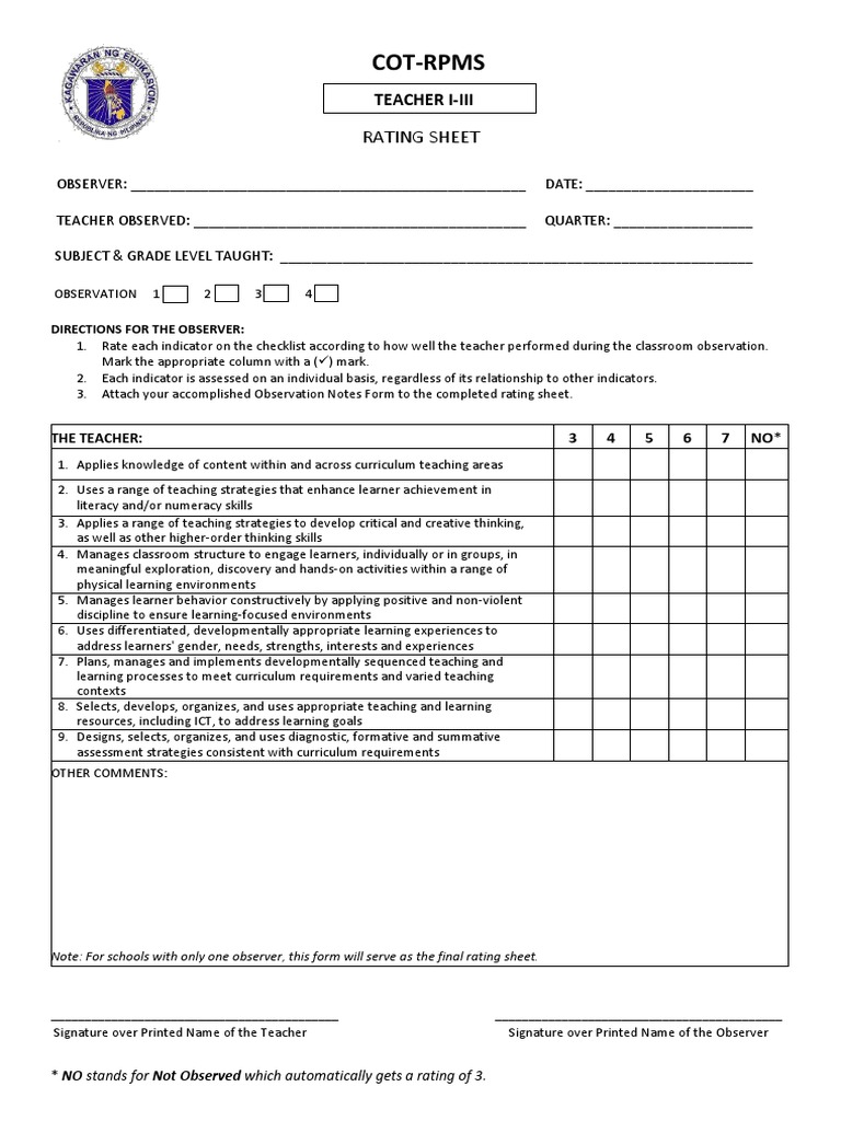 Rating Sheet Proficient Teacher | PDF | Curriculum | Learning
